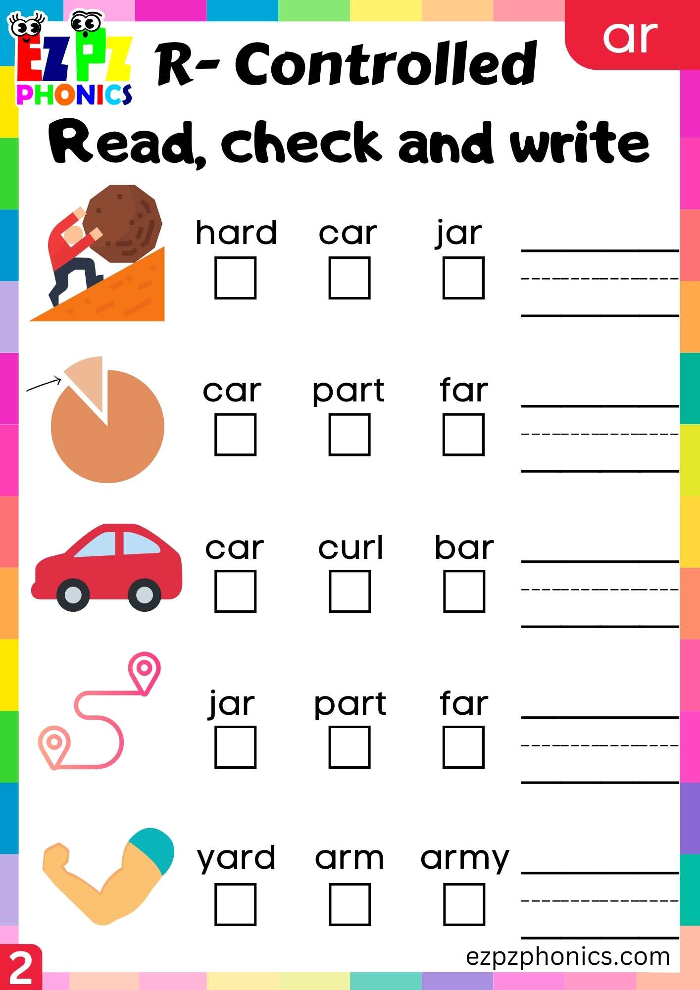 Read check and write activity for ar words R controlled vowels phonics group 2 - ezpzphonics.com